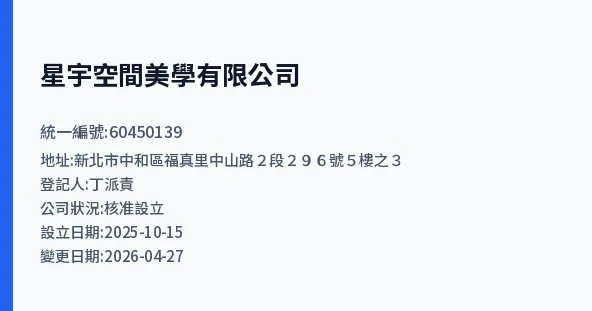 星宇空間美學有限公司的照片-統編 60450139(新北市) 公司登記資料與營業項目詳細圖表