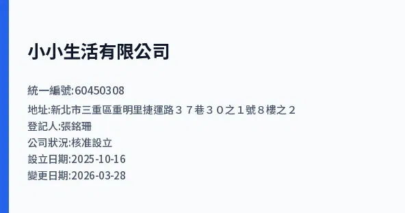 小小生活有限公司的照片-統編 60450308(新北市) 公司登記資料與營業項目詳細圖表