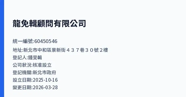龍免輯顧問有限公司的照片-統編 60450546(新北市) 公司登記資料與營業項目詳細圖表