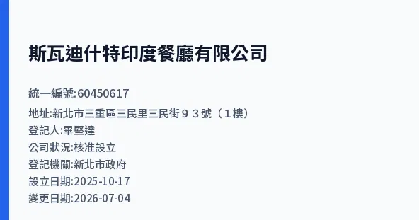斯瓦迪什特印度餐廳有限公司的照片-統編 60450617(新北市) 公司登記資料與營業項目詳細圖表