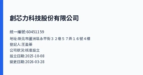 創芯力科技股份有限公司的照片-統編 60451159(新北市) 公司登記資料與營業項目詳細圖表