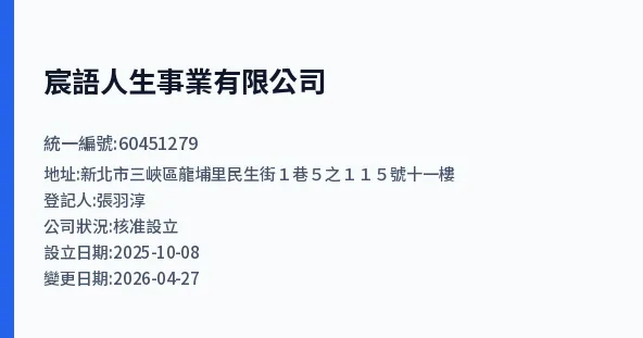 宸語人生事業有限公司的照片-統編 60451279(新北市) 公司登記資料與營業項目詳細圖表