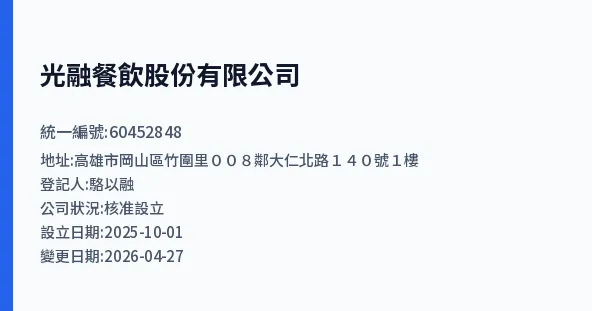 光融餐飲股份有限公司的照片-統編 60452848(高雄市) 公司登記資料與營業項目詳細圖表