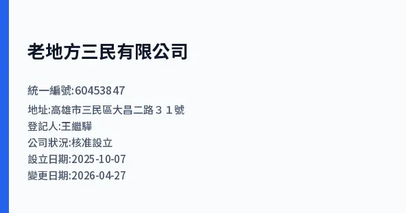 老地方三民有限公司的照片-統編 60453847(高雄市) 公司登記資料與營業項目詳細圖表