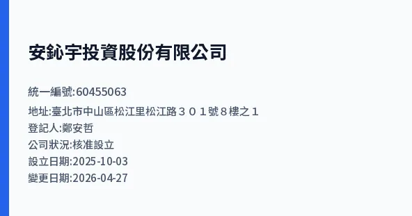 安鈊宇投資股份有限公司的照片-統編 60455063(臺北市) 公司登記資料與營業項目詳細圖表