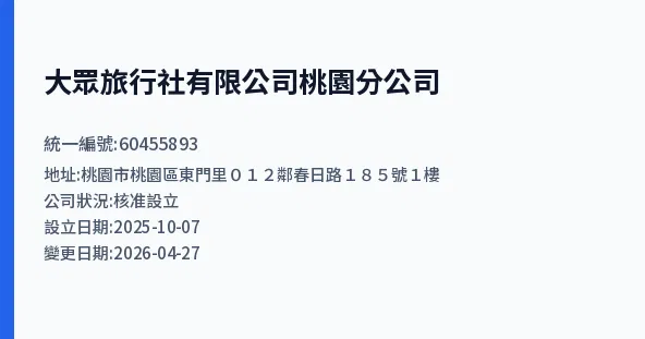 大眾旅行社有限公司桃園分公司的照片-統編 60455893(桃園市) 公司登記資料與營業項目詳細圖表
