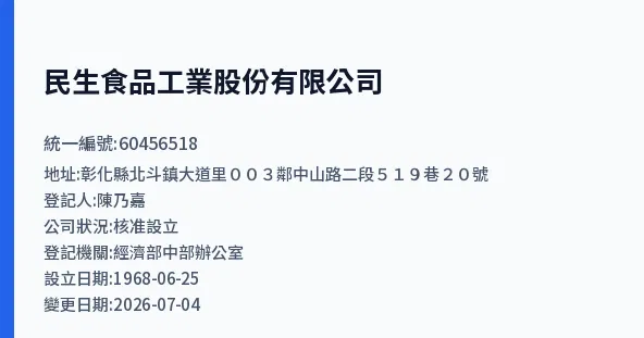 民生食品工業股份有限公司的照片-統編 60456518(彰化縣) 公司登記資料與營業項目詳細圖表