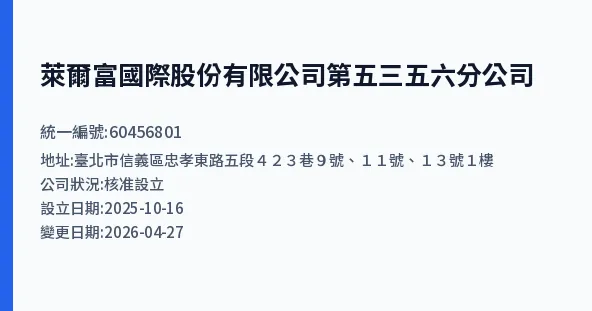 萊爾富國際股份有限公司第五三五六分公司的照片-統編 60456801(臺北市) 公司登記資料與營業項目詳細圖表