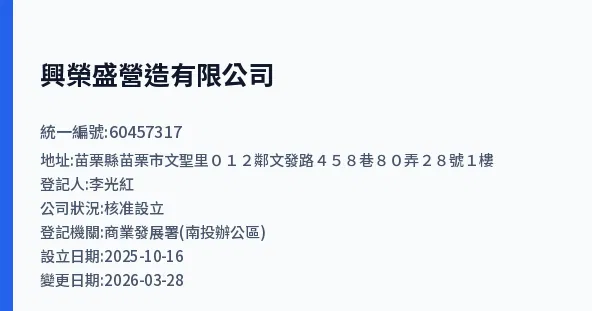 興榮盛營造有限公司的照片-統編 60457317(苗栗縣) 公司登記資料與營業項目詳細圖表