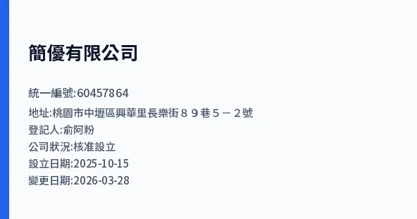 簡優有限公司的照片-統編 60457864(桃園市) 公司登記資料與營業項目詳細圖表