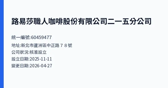 路易莎職人咖啡股份有限公司二一五分公司的照片-統編 60459477(新北市) 公司登記資料與營業項目詳細圖表