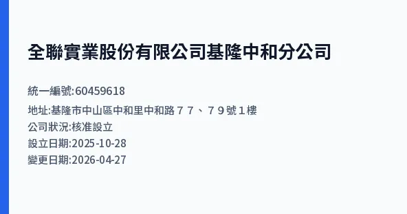 全聯實業股份有限公司基隆中和分公司的照片-統編 60459618(基隆市) 公司登記資料與營業項目詳細圖表