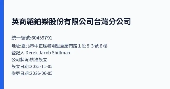 英商韜鉑樂股份有限公司台灣分公司的照片-統編 60459791(臺北市) 公司登記資料與營業項目詳細圖表