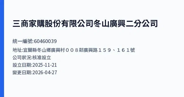 三商家購股份有限公司冬山廣興二分公司的照片-統編 60460039(宜蘭縣) 公司登記資料與營業項目詳細圖表