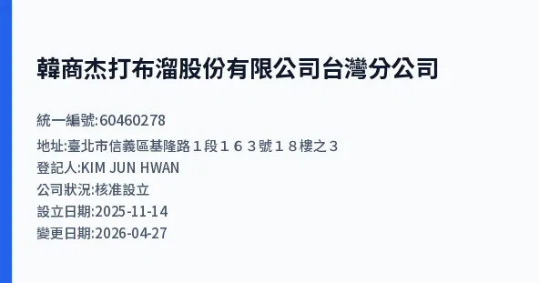 韓商杰打布溜股份有限公司台灣分公司的照片-統編 60460278(臺北市) 公司登記資料與營業項目詳細圖表