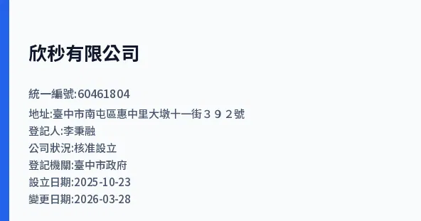 欣秒有限公司的照片-統編 60461804(臺中市) 公司登記資料與營業項目詳細圖表