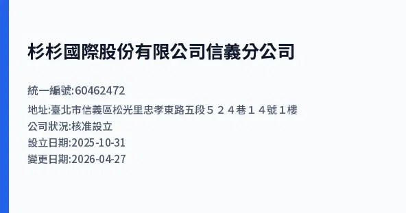 杉杉國際股份有限公司信義分公司的照片-統編 60462472(臺北市) 公司登記資料與營業項目詳細圖表
