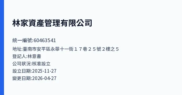 林家資產管理有限公司的照片-統編 60463541(臺南市) 公司登記資料與營業項目詳細圖表