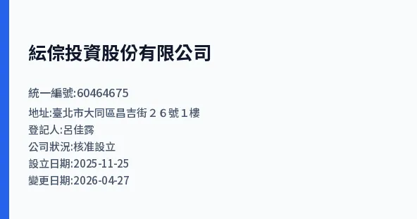 紜倧投資股份有限公司的照片-統編 60464675(臺北市) 公司登記資料與營業項目詳細圖表