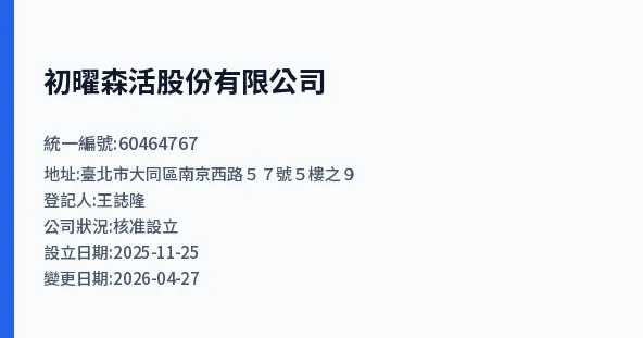初曜森活股份有限公司的照片-統編 60464767(臺北市) 公司登記資料與營業項目詳細圖表