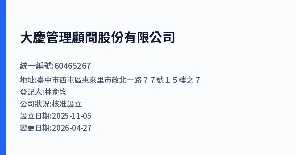 大慶管理顧問股份有限公司的照片-統編 60465267(臺中市) 公司登記資料與營業項目詳細圖表