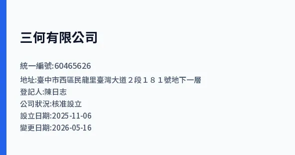 三何有限公司的照片-統編 60465626(臺中市) 公司登記資料與營業項目詳細圖表