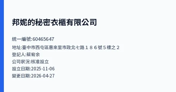邦妮的秘密衣櫃有限公司的照片-統編 60465647(臺中市) 公司登記資料與營業項目詳細圖表