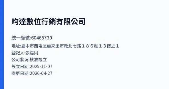 昀達數位行銷有限公司的照片-統編 60465739(臺中市) 公司登記資料與營業項目詳細圖表