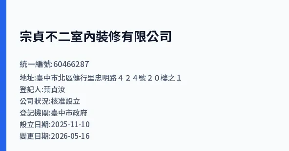 宗貞不二室內裝修有限公司的照片-統編 60466287(臺中市) 公司登記資料與營業項目詳細圖表