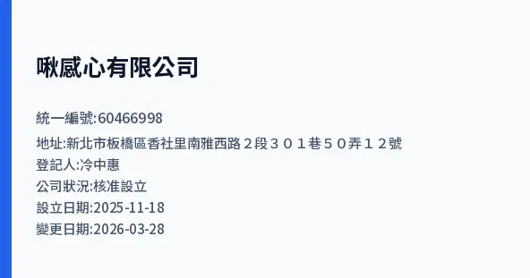 啾感心有限公司的照片-統編 60466998(新北市) 公司登記資料與營業項目詳細圖表