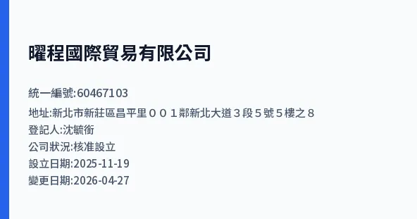 曜程國際貿易有限公司的照片-統編 60467103(新北市) 公司登記資料與營業項目詳細圖表