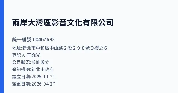 兩岸大灣區影音文化有限公司的照片-統編 60467693(新北市) 公司登記資料與營業項目詳細圖表