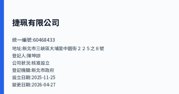 捷珮有限公司的照片-統編 60468433(新北市) 公司登記資料與營業項目詳細圖表