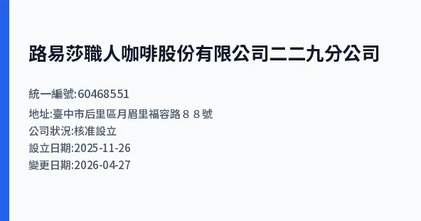 路易莎職人咖啡股份有限公司二二九分公司的照片-統編 60468551(臺中市) 公司登記資料與營業項目詳細圖表