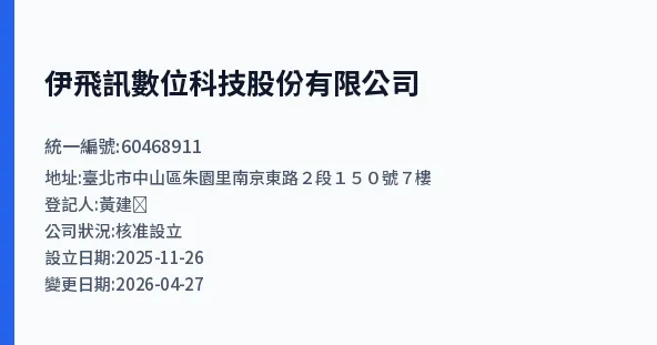 伊飛訊數位科技股份有限公司的照片-統編 60468911(臺北市) 公司登記資料與營業項目詳細圖表