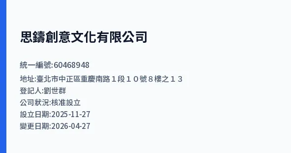 思鑄創意文化有限公司的照片-統編 60468948(臺北市) 公司登記資料與營業項目詳細圖表