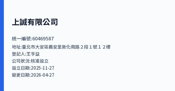 上誠有限公司的照片-統編 60469587(臺北市) 公司登記資料與營業項目詳細圖表