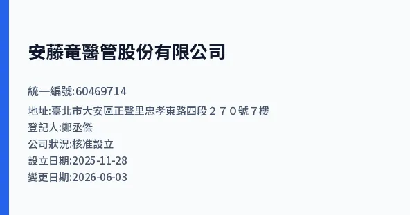 安藤竜醫管股份有限公司的照片-統編 60469714(臺北市) 公司登記資料與營業項目詳細圖表