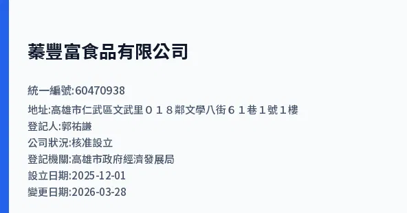 蓁豐富食品有限公司的照片-統編 60470938(高雄市) 公司登記資料與營業項目詳細圖表