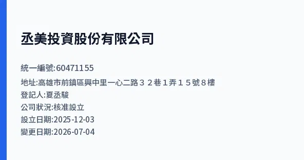丞美投資股份有限公司的照片-統編 60471155(高雄市) 公司登記資料與營業項目詳細圖表