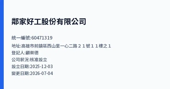 鄰家好工股份有限公司的照片-統編 60471319(高雄市) 公司登記資料與營業項目詳細圖表