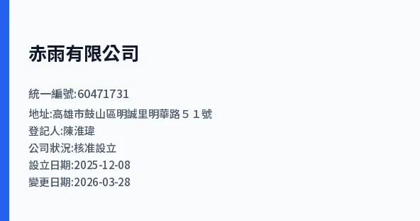 赤雨有限公司的照片-統編 60471731(高雄市) 公司登記資料與營業項目詳細圖表