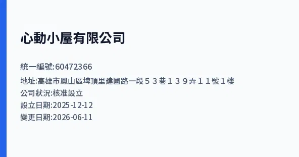 心動小屋有限公司的照片-統編 60472366(高雄市) 公司登記資料與營業項目詳細圖表