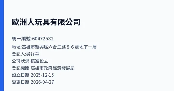 歐洲人玩具有限公司的照片-統編 60472582(高雄市) 公司登記資料與營業項目詳細圖表