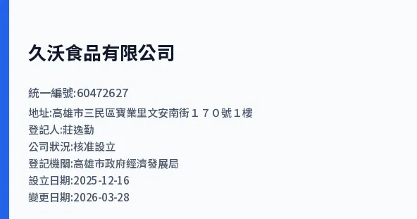 久沃食品有限公司的照片-統編 60472627(高雄市) 公司登記資料與營業項目詳細圖表