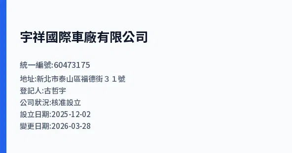 宇祥國際車廠有限公司的照片-統編 60473175(新北市) 公司登記資料與營業項目詳細圖表