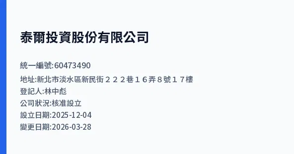 泰爾投資股份有限公司的照片-統編 60473490(新北市) 公司登記資料與營業項目詳細圖表