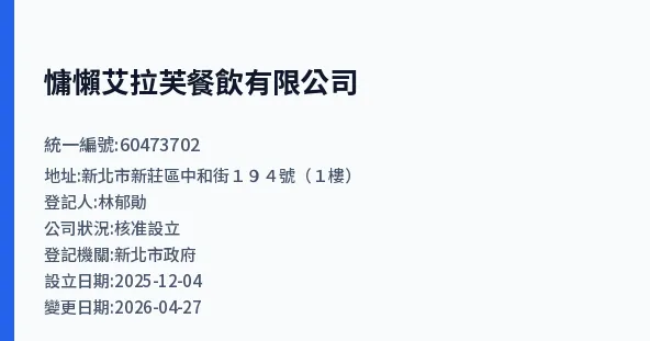 慵懶艾拉芙餐飲有限公司的照片-統編 60473702(新北市) 公司登記資料與營業項目詳細圖表