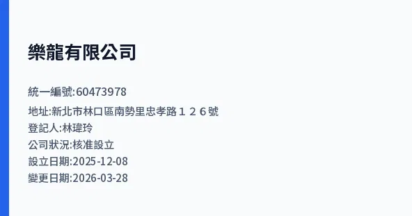 樂龍有限公司的照片-統編 60473978(新北市) 公司登記資料與營業項目詳細圖表