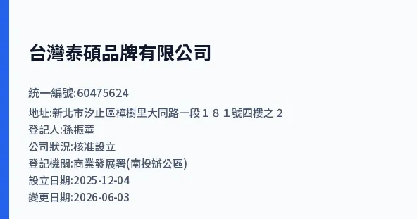 台灣泰碩品牌有限公司的照片-統編 60475624(新北市) 公司登記資料與營業項目詳細圖表